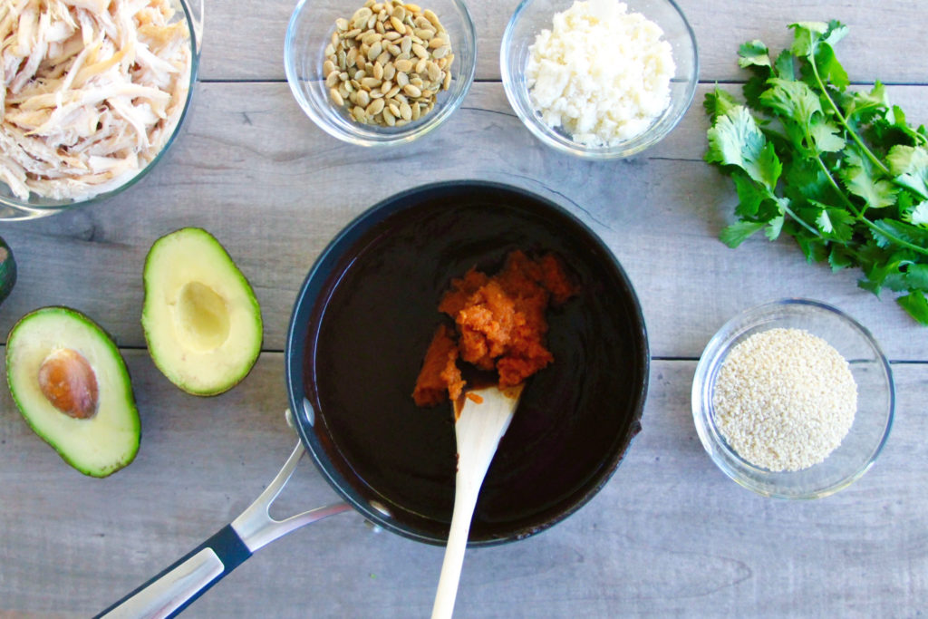 Chicken Stuffed Avocados In Pumpkin Mole Sauce