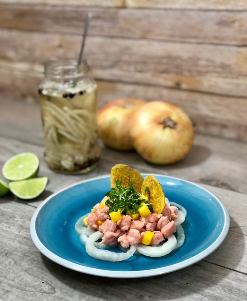 Salmon and Mango Ceviche with Chipotle Pickled Vidalia Onions