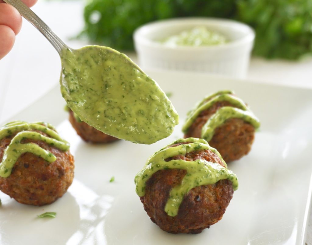Angus Beef Meatballs with Avocado Chimichurri Sauce