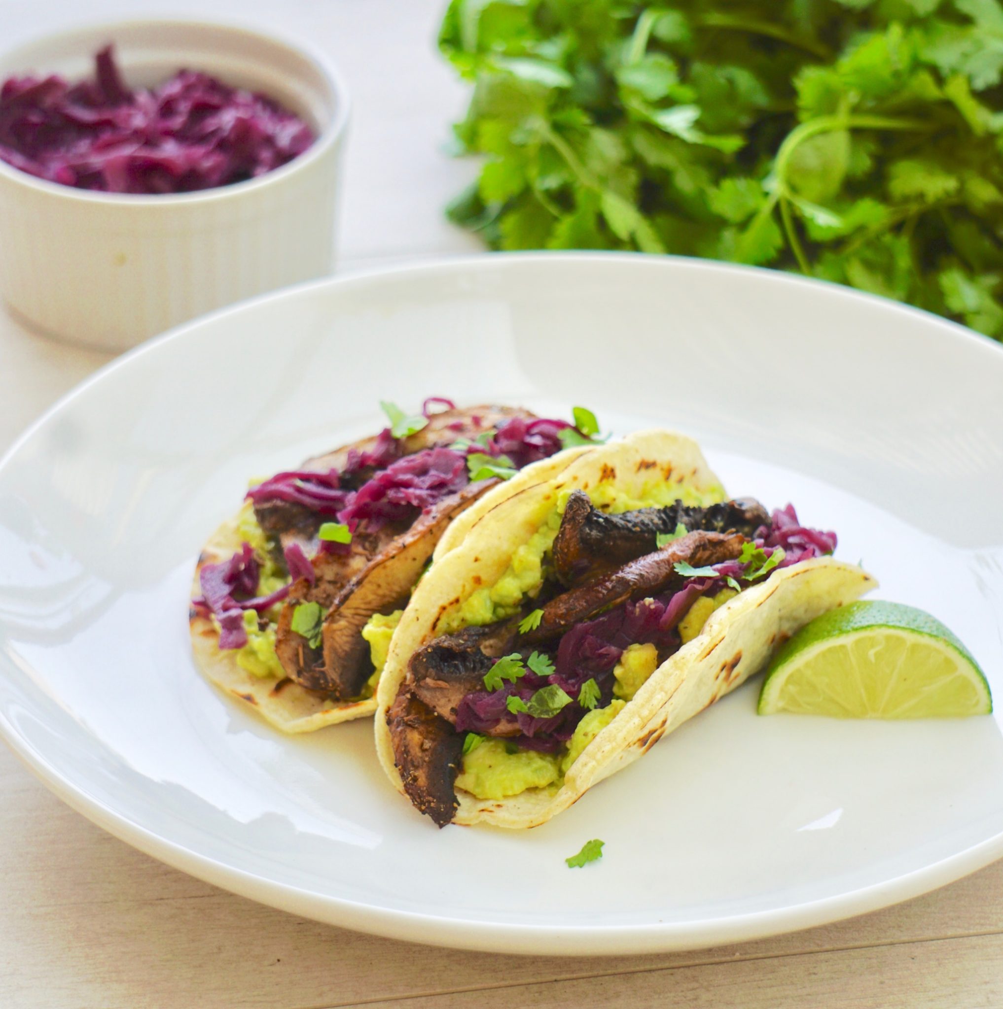 Roasted Mushroom Tacos with Red Cabbage Slaw (Vegan)